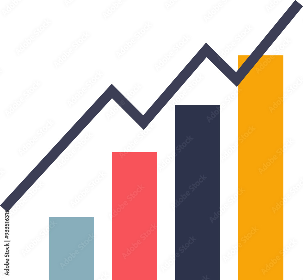 Colorful bar chart with ascending line indicating positive growth trend ...