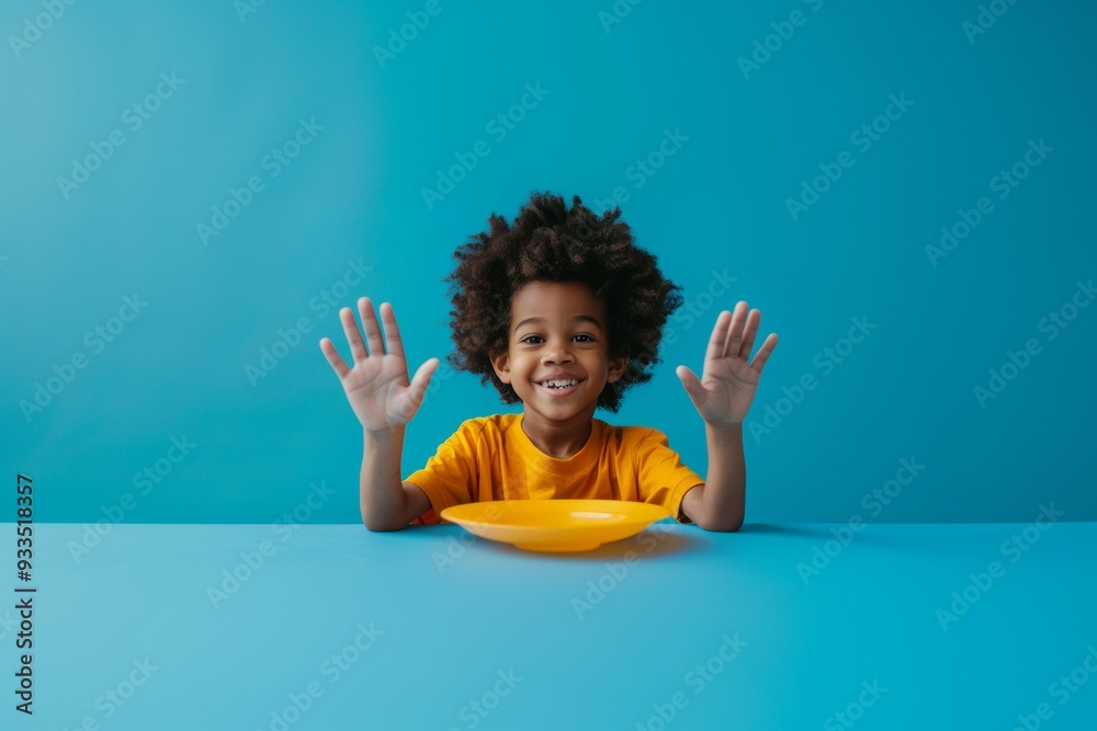 Portrait of joy-filled child expressing happiness dining table. Vibrant ...