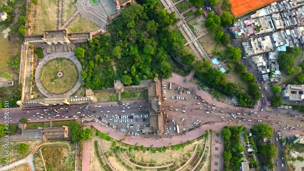 Aerial view of bada Imambara complex on city road with rumi darwaza ...