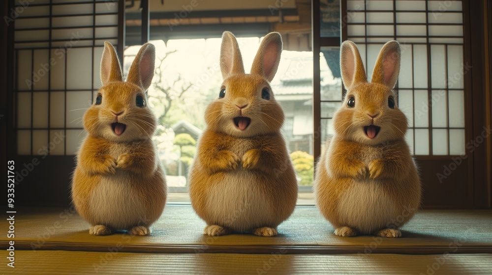 Three fluffy rabbits excitedly stand before a Japanese restaurant door ...