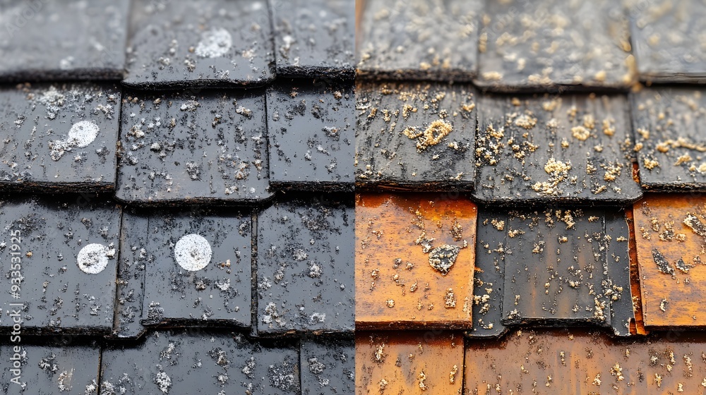 A side-by-side view of shingles with round hail impact marks versus ...