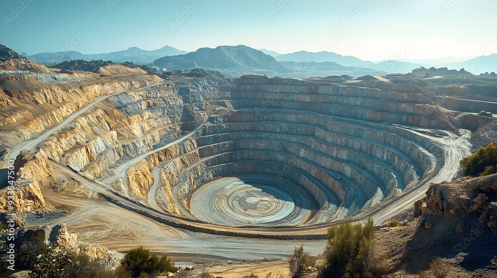 Massive open-pit mine, concentric circular terraces, bright daylight ...