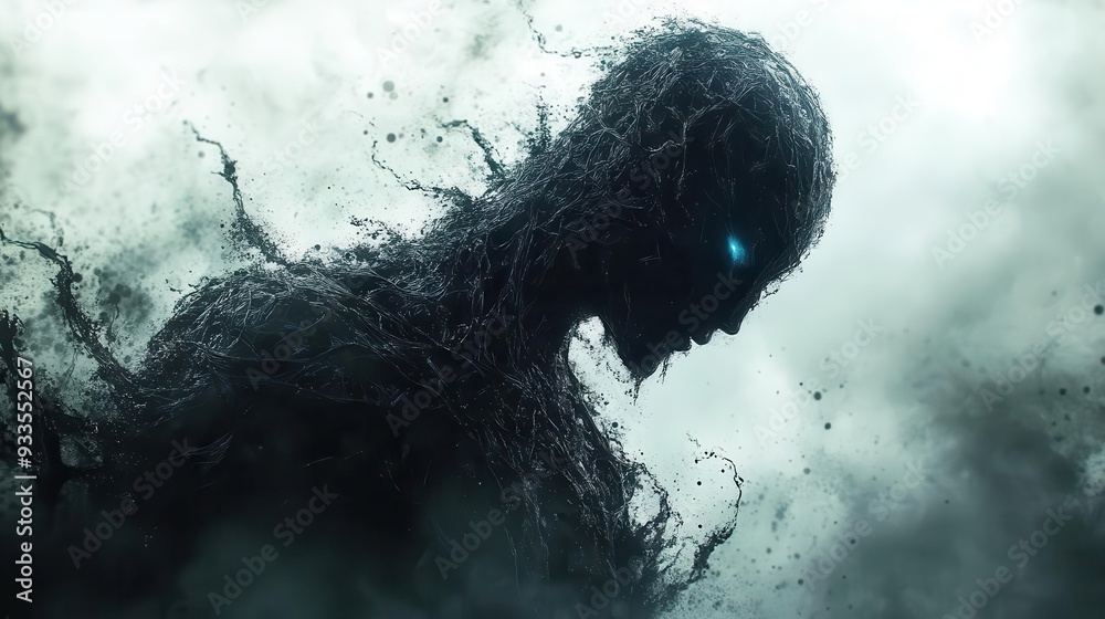 symbiotic superhero emerging from darkness tendrils of shadow ...