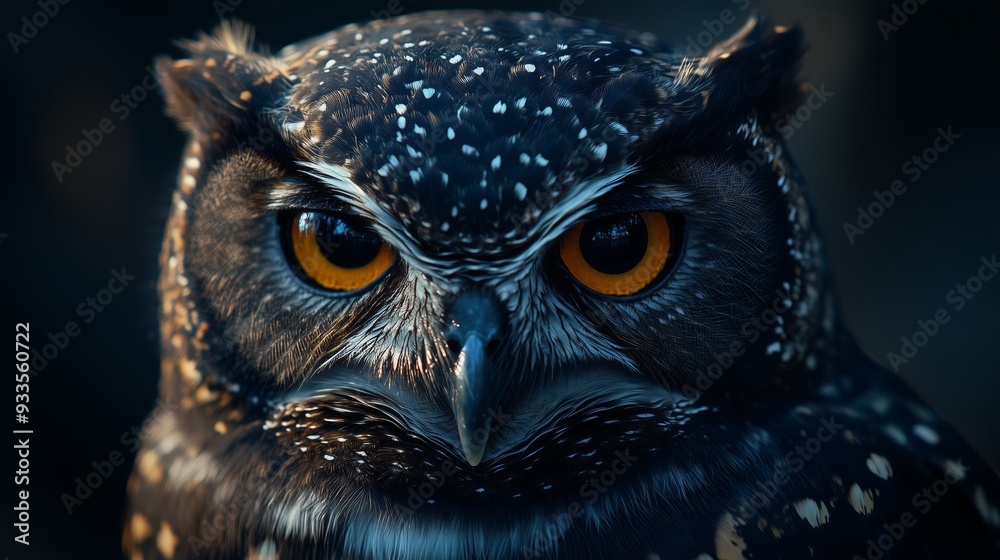 Majestic close-up of a Great Spotted Owl with intense yellow eyes ...