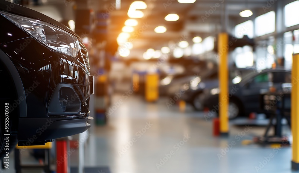 Mechanic garage interior featuring cars on lifts and a blurred setting ...