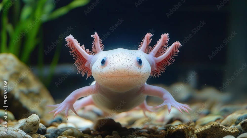 4K Realistic Curious axolotl underwater, showcasing external gills ...