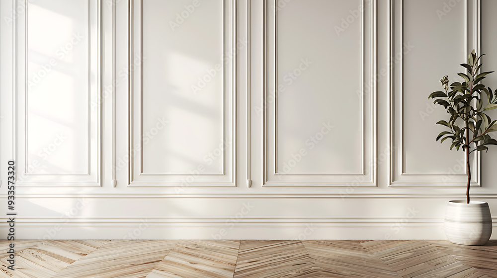 Minimalist interior design with a white wall, wainscoting, hardwood ...