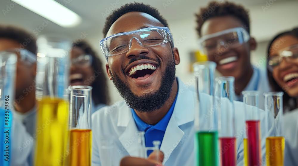 A group of joyful African American students in lab coats smiling and ...