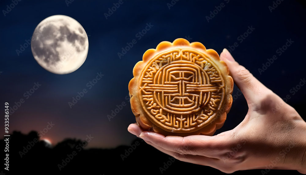 Mooncake Under the Harvest Moon: A hand presents an intricately ...