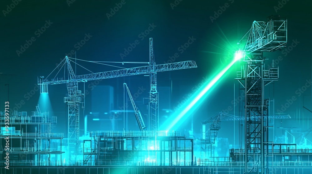 A futuristic scene of laser technology used in construction, with a ...