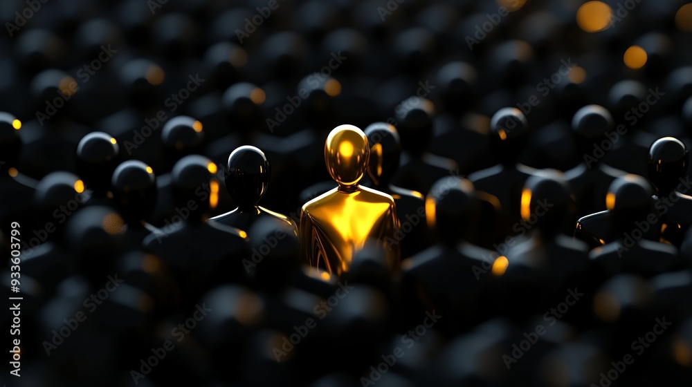 In this 3D rendering, a unique gold human figure stands out among black ...