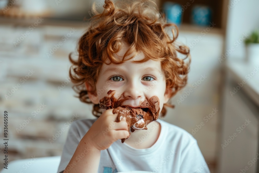 Joyful child enjoys bright sunny day spirited smile. Redhead child beams happiness outdoors ...