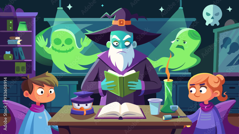 Spooky Classroom Scene with Ghost Students and Witch Teacher Holding ...