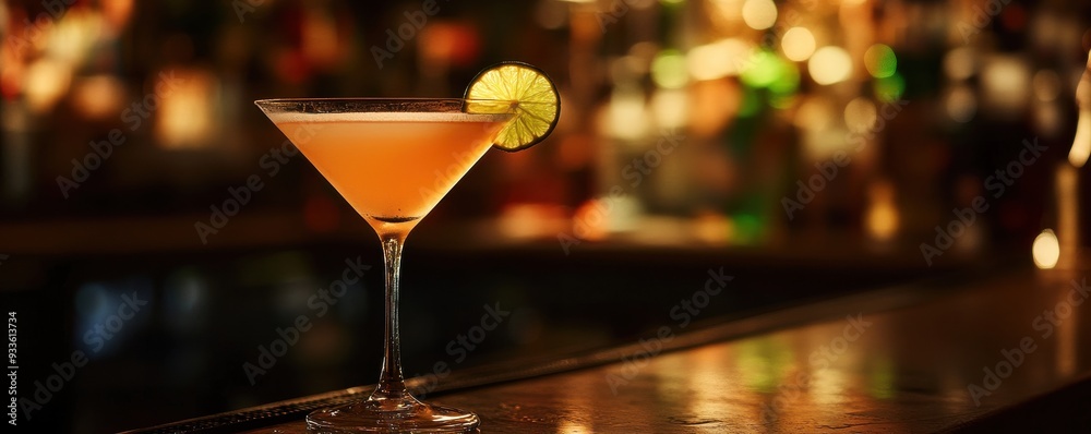 Peach-colored martini with lime slice on bar counter in dimly lit ...