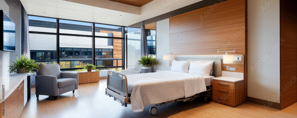 A modern, private hospital room featuring large windows, a comfortable ...