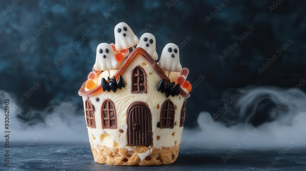 Ice cream sundae shaped like a haunted house, complete with candy ...