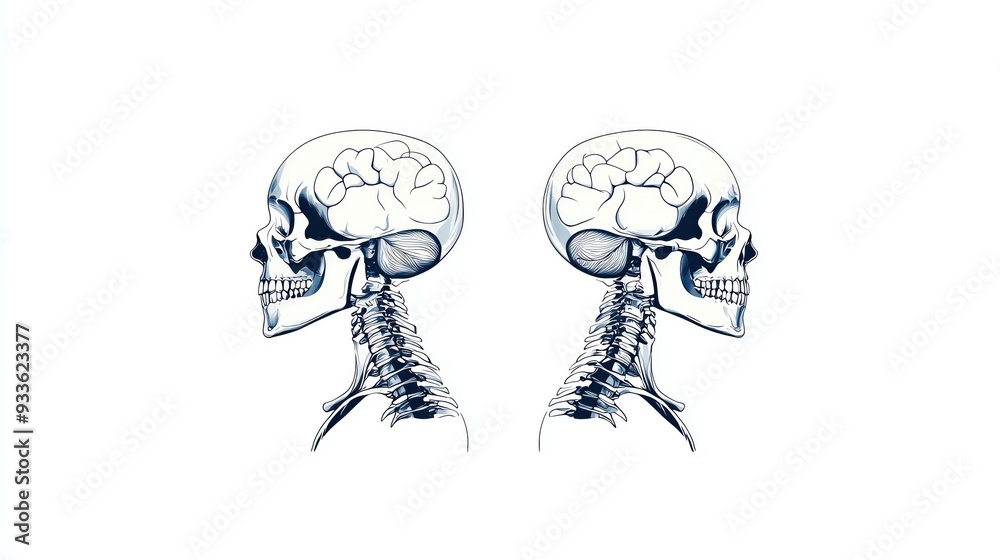 Detailed anatomical illustration of human skull and brain from the side ...