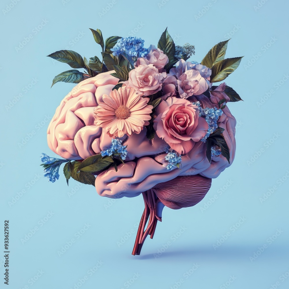 Surreal Mind Bloom: Abstract Fusion of Human Brain, Flowers, and Butterflies. Creative Thinking ...