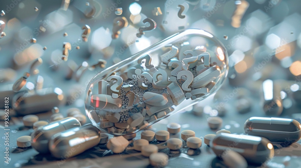 Capsule filled with question marks, spilling over a surface. Concept of ...
