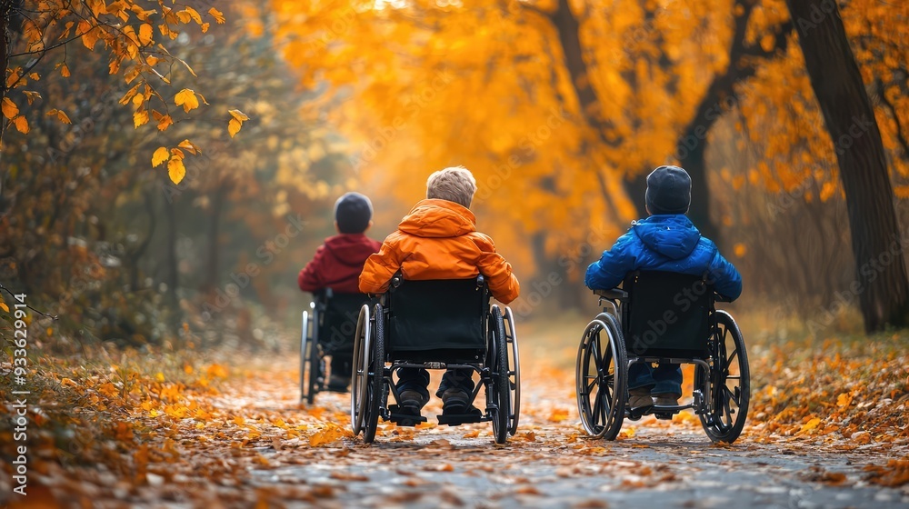 Disabled children in wheelchairs walk in the autumn park. Generation Ai ...