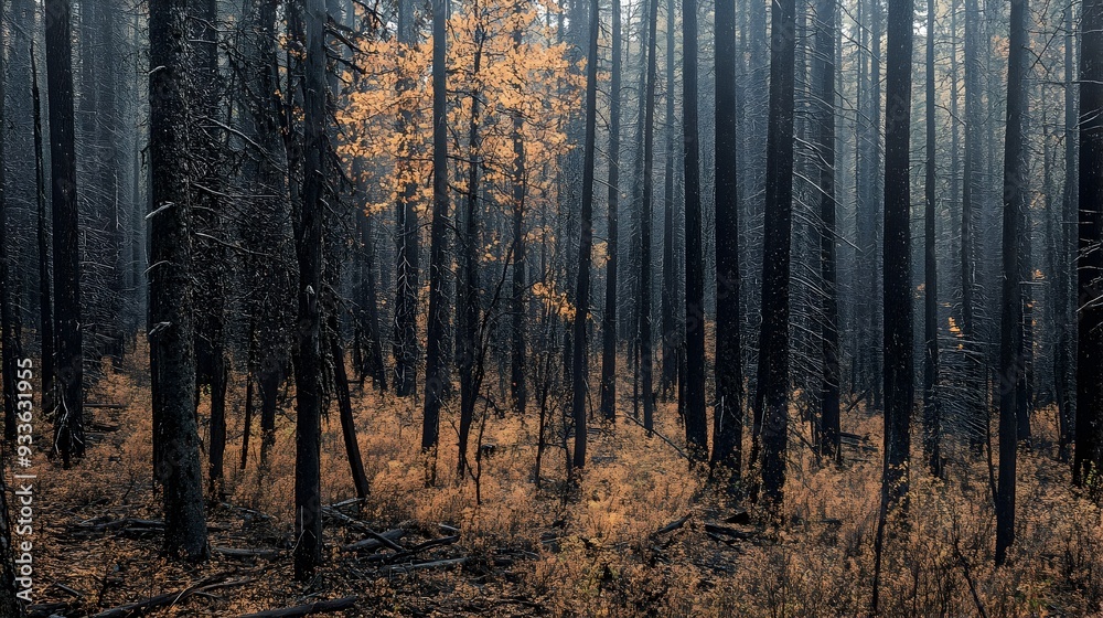 Discolored leaves and dying trees in a once lush forest a haunting ...