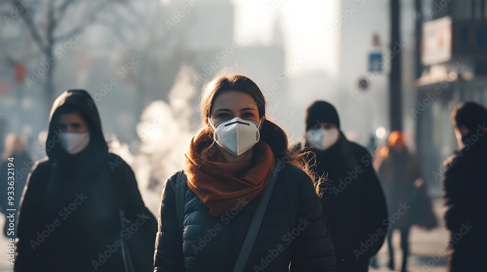 Smog Shrouded City People Wearing Masks to Protect Health from the Detrimental Effects of Air ...