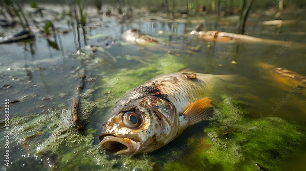 Polluted Lake with Lifeless Fish Floating Amidst Algae Blooms and ...