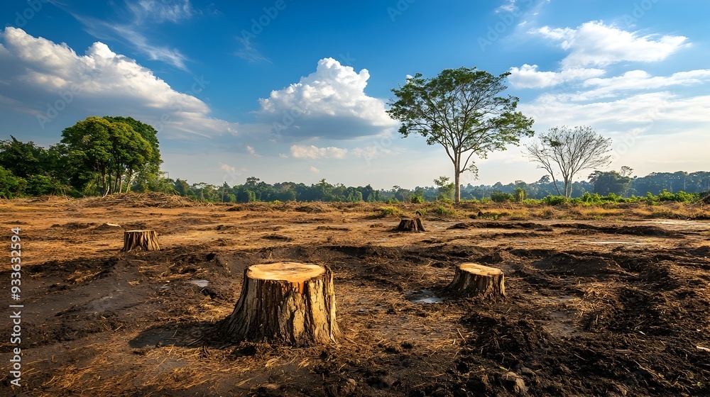 Deforested landscape with barren soil and tree stumps highlighting the ...