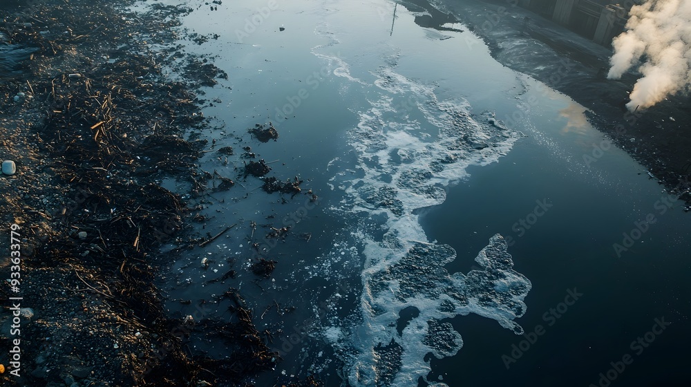 Aerial View of a Polluted River with Contaminated Water Flowing Past ...
