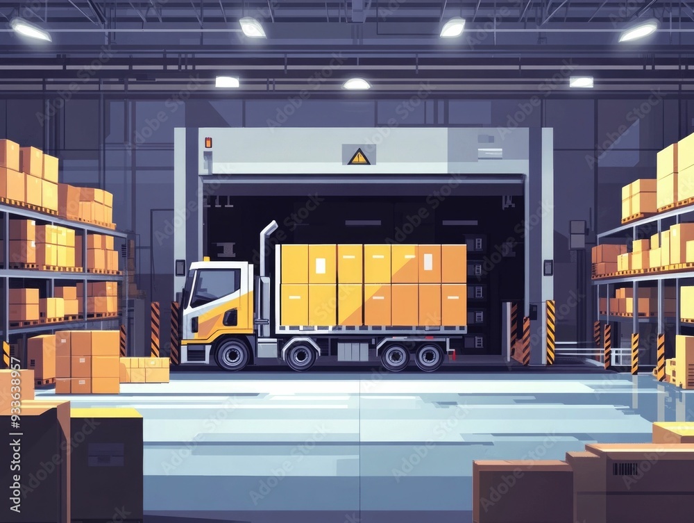 of a modern automated logistics warehouse with a flat design style ...