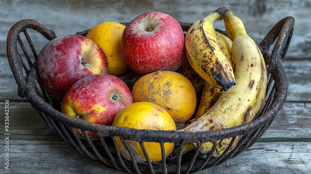 Abasket of rotting fruit featuring overripe apples, bananas, and ...