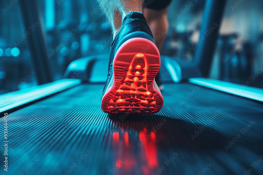 person running on a treadmill with their legs spread apart. Concept of ...