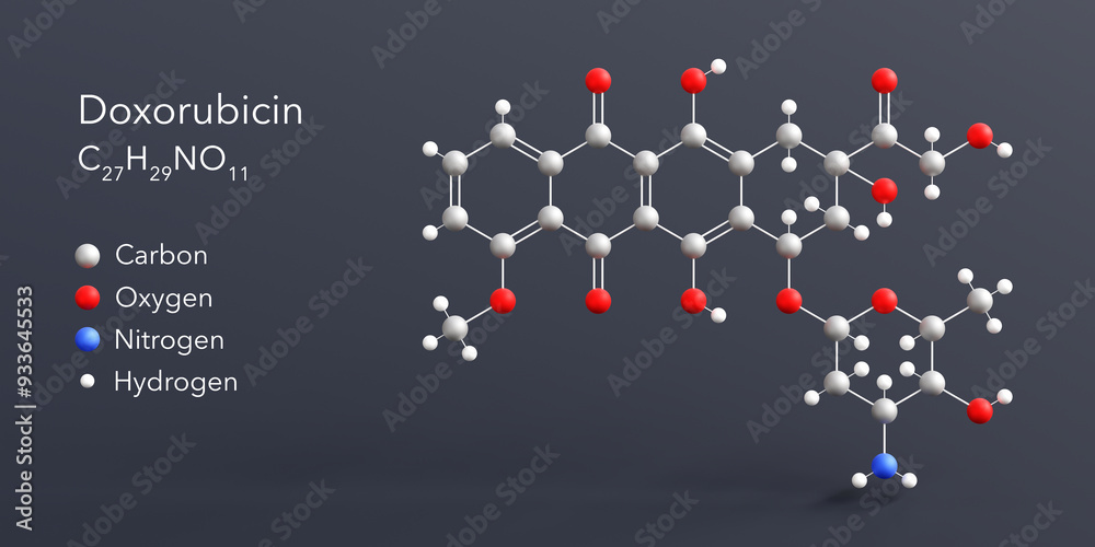 doxorubicin molecule 3d rendering, flat molecular structure with ...