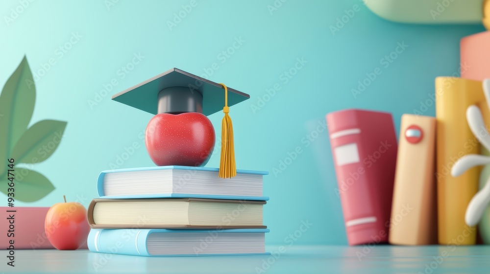 A vibrant apple with graduation cap sits atop stack of books ...