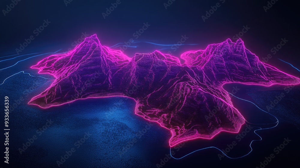 Neon lines tracing the contours of a tropical island, creating a ...