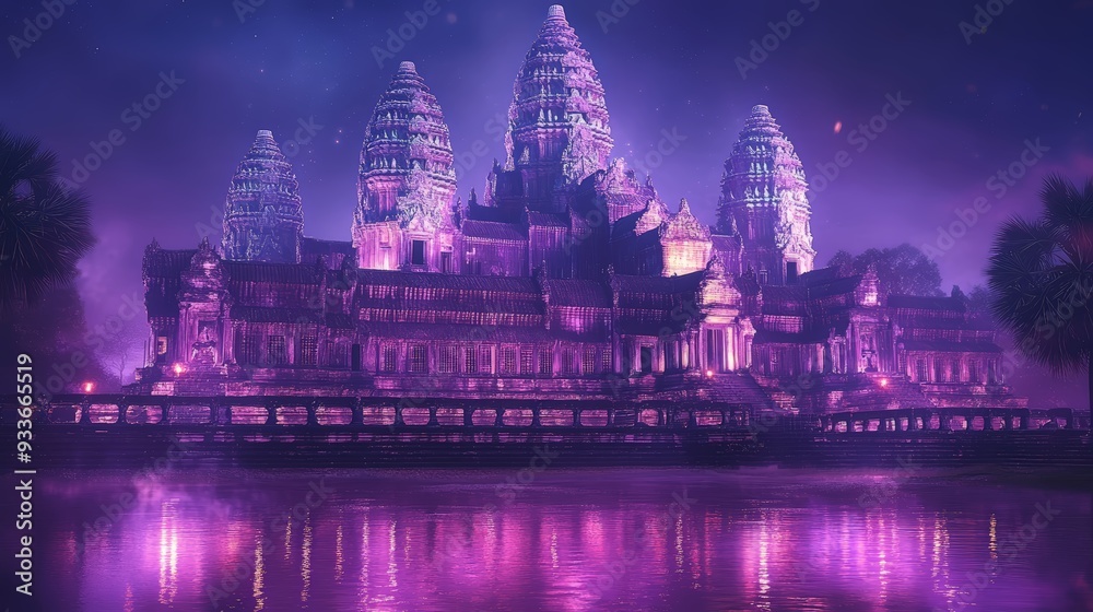 24. The Angkor Wat in Cambodia, illuminated by purple and silver ...