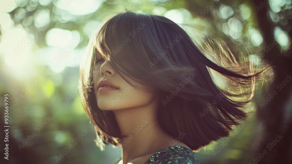 High-resolution image of a woman with sleek, straight hair falling ...
