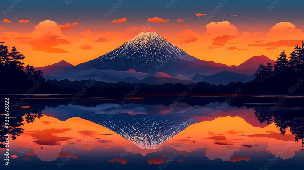38. The Mount Fuji in Japan, adorned with orange and silver patterns at ...