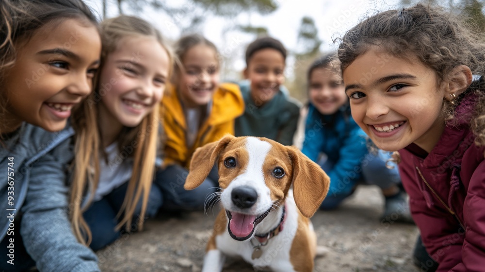 A group of children playing in a park with a dog interacting happily ...