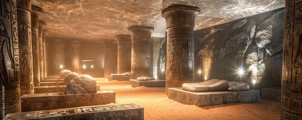 Ancient Egyptian Tomb with Hieroglyphic Columns and Stone Sarcophagi ...
