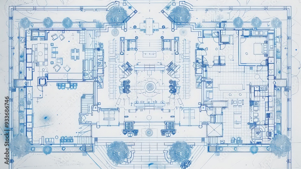 Detailed blueprint of a hotel lobby, showing the layout of reception ...