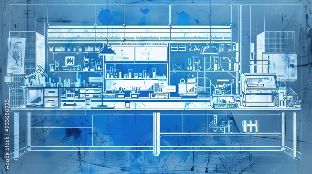 Detailed blueprint of a medical research lab, showing laboratory ...