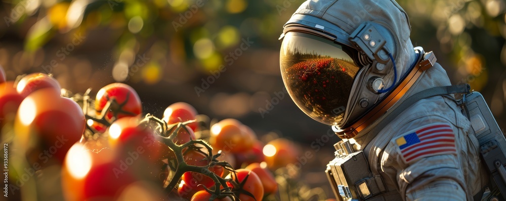Astronaut in Spacesuit Exploring a Tomato Farm Field, Blending Space ...