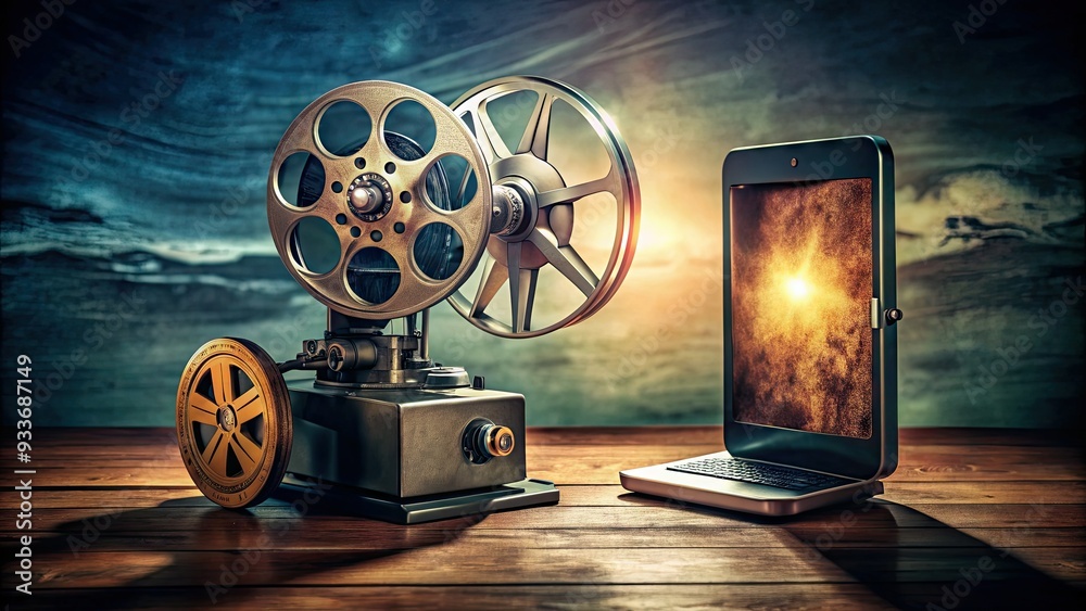Old-fashioned film reel spins on a retro-style projector beside a ...