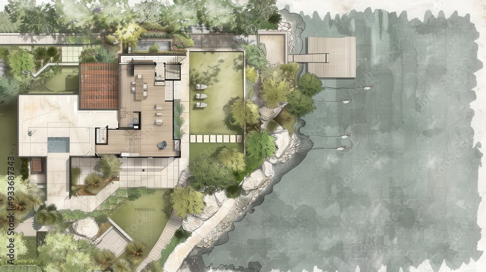 Detailed blueprint of a waterfront property, featuring house layout ...