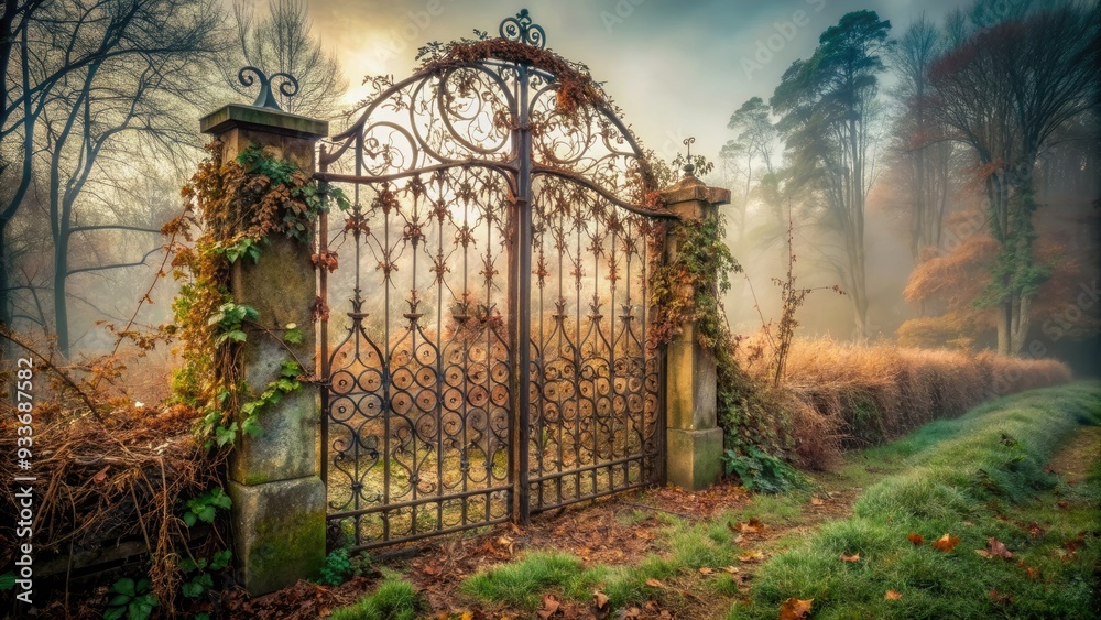 Old rusty metal gate with intricate design and overgrown with vines ...