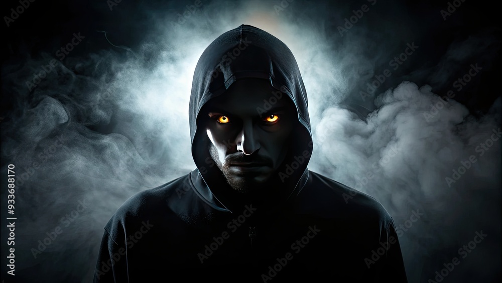 Ominous silhouette of a figure looming in darkness, piercing eyes fixed ...