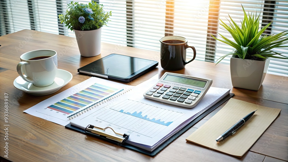 Organized desk with budgeting worksheets, calculator, and paying bills ...