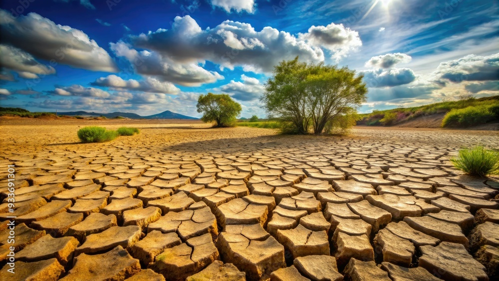 ภาพประกอบสต็อก Parched earth crackles with deep fissures, revealing a ...