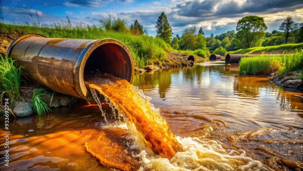 Polluted water flows from a broken pipe, cloudy with chemicals and oil ...